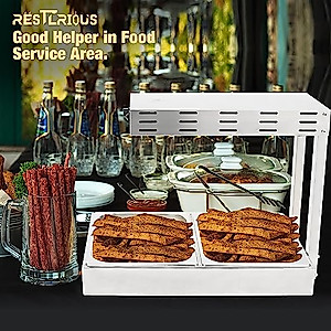 Restlrious French Fry Warmer Commercial Heat Lamp Food Warmer, Free Standing Electric Infrared Heating Dump Station, 500W Stainless Steel Food Warming Light w/2 Half Size Food Pan for Fries 4” Deep