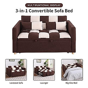 Gangnamri Loveseat Sofa Bed, Pull Out Sleeper Sofa with Adjustable Backrest and Pillows, Teddy Fabric Couch Bed for Living Room, Apartment and Small Space (Brown)