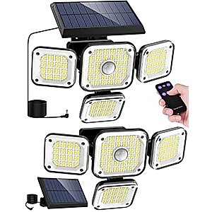 Solar Outdoor Lights Motion Sensor, 292 LED Solar Flood Lights w/Remote Control, 4 Heads Solar Panel Powered Security Lights IP65 Waterproof, Wired Solar Wall Lights for Garage Yard Shed Garden