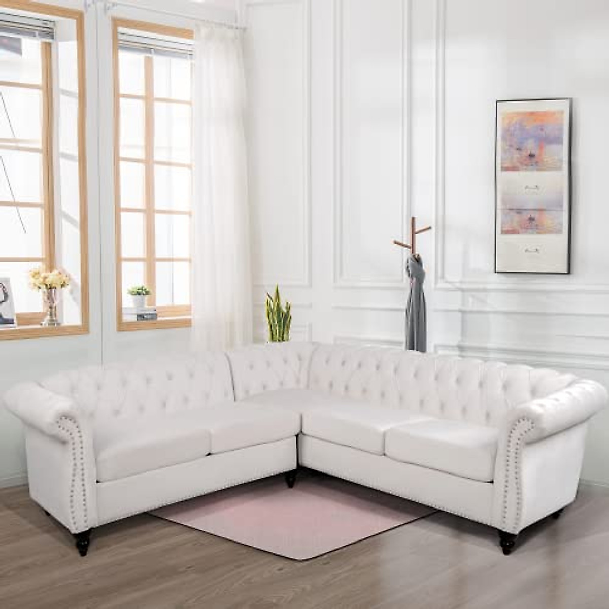 RARZOE Chesterfield L Shaped Sectional Sofa Couch, Deep Button Tufted Velvet Upholstered Rolled Arm Classic Chesterfield Settee Sofa, Modern 5 Seater Couch Furniture for Living Room, White