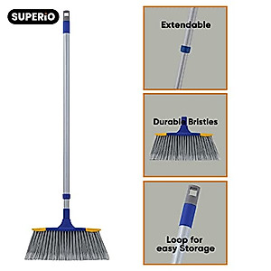 Slim Angle Broom, Heavy Duty Broom, Indoor Brom, Outdoor Angle Broom with Extendable Handle, Durable Collapsible Broom for Home, Kitchen, RV, Travel, Blue, 1 Pack, by Superio