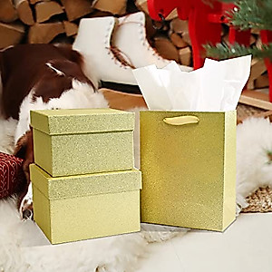 PAPER FAIR 5PCS Bright Gold Glitter Nesting Gift Boxes Set, Flat Square Cardboard Storage Organizer Keepsake Box with Lid Durable Reusable, for Gift Wrapping Holiday Present Christmas Birthday, Assorted Size