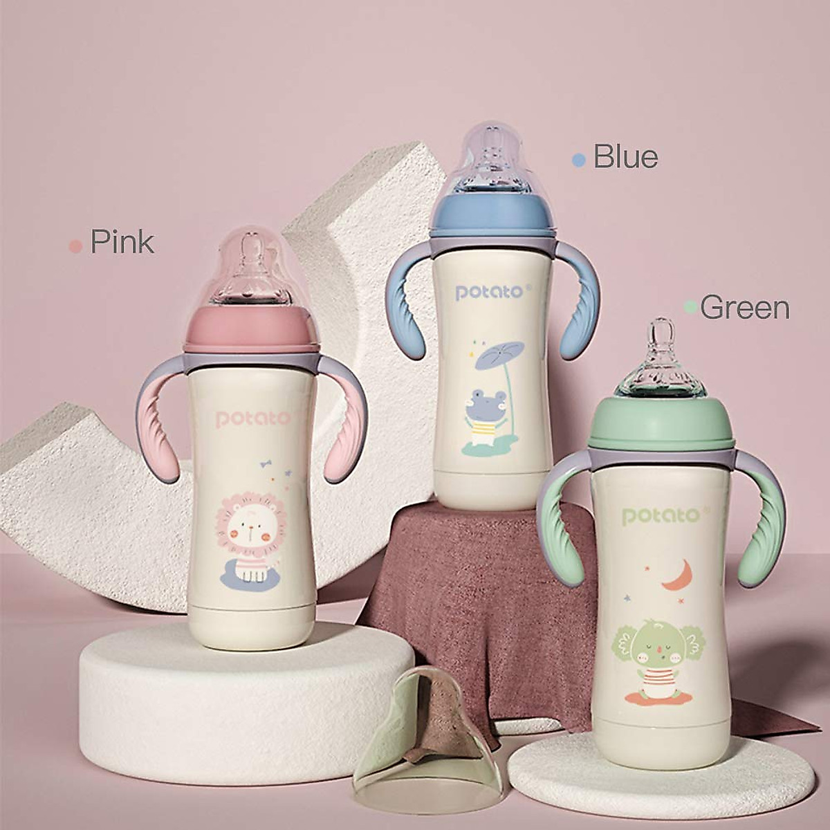 POTATO Baby Thermos Cup Water Bottle for Kids Stainless Steel Sippy Cup with 3 Kinds of Lids,Keeps Cold for 8 Hours 8 oz, Blue