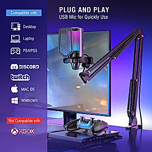 FIFINE Gaming PC USB Microphone, Podcast Condenser Mic with Boom Arm, Pop Filter, Mute Button for Streaming, Twitch, Online Chat, RGB Computer Mic for PS4/5 PC Gamer Youtuber-AmpliGame A6T