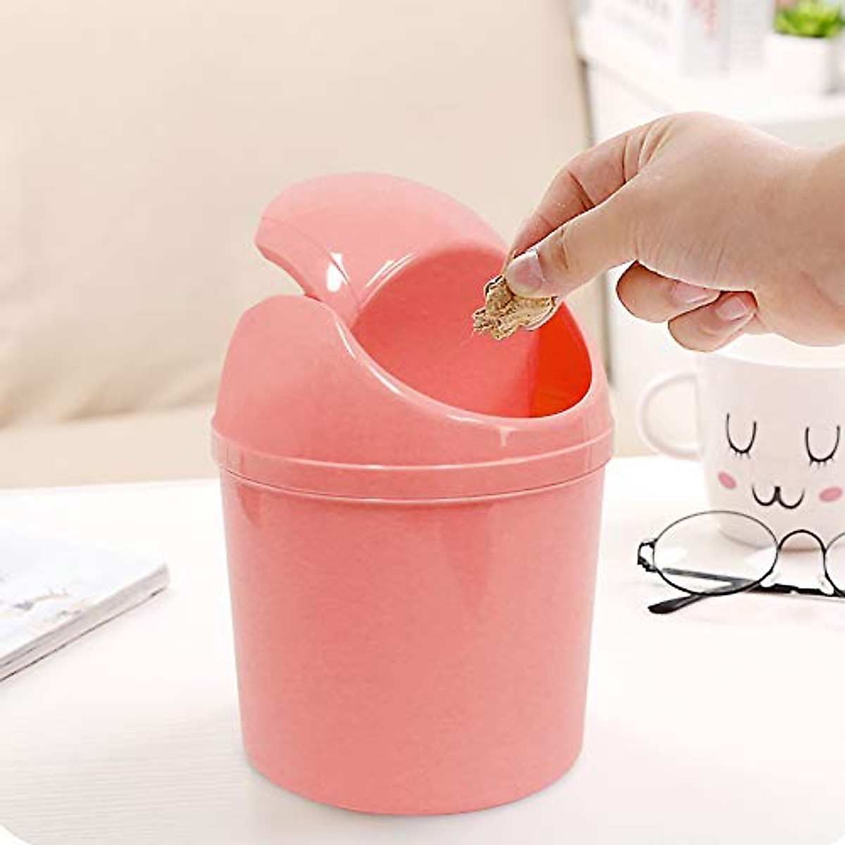 SITAKE 2 Pcs Plastic Mini Wastebasket Trash Can with Swing Lid with 120 Trash Bags, Tiny Desktop Waste Garbage Bin for Home, Office, Kitchen, Vanity Tabletop, Bedroom, Bathroom (Pink + Beige)