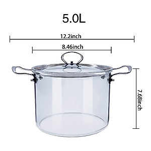 Saucepan with Lid, Glass Pot Stovetop 5L Heat Resistant ABHOME Stainless Steel Double Handles Clear Glassware for Cooking Milk, Pasta & Baby Food (5 Liter)