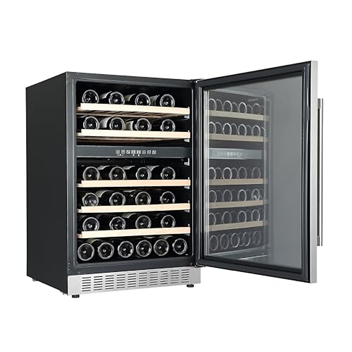 Everdure 46 Bottle Luxury Wine Cooler & Beverage Refrigerator, Built in or Free-Standing, Dual Zone, Stainless Steel with Reversible Glass Door, Beech Wood Shelves and LED Display Touchpad