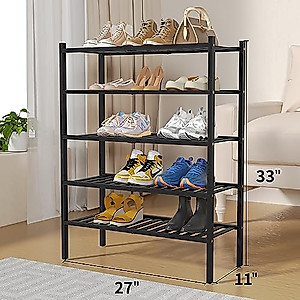 ROMGUAR CRAFT 5 Tier Bamboo Shoe Rack for Closet Free Standing Wood Shoe Shelf for Entryway Small Space Stackable 27"x11"x33" (Black)