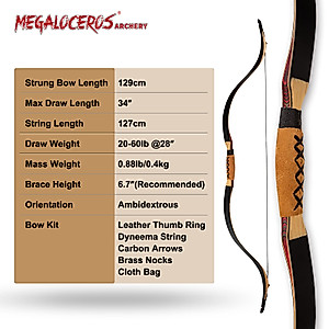 Megaloceros Archery 52" Recurve Bow Handmade Laminated Longbow Traditional Bow and Arrows Ambidextrous Horsebows Set for Hunting Target Shooting 30lbs