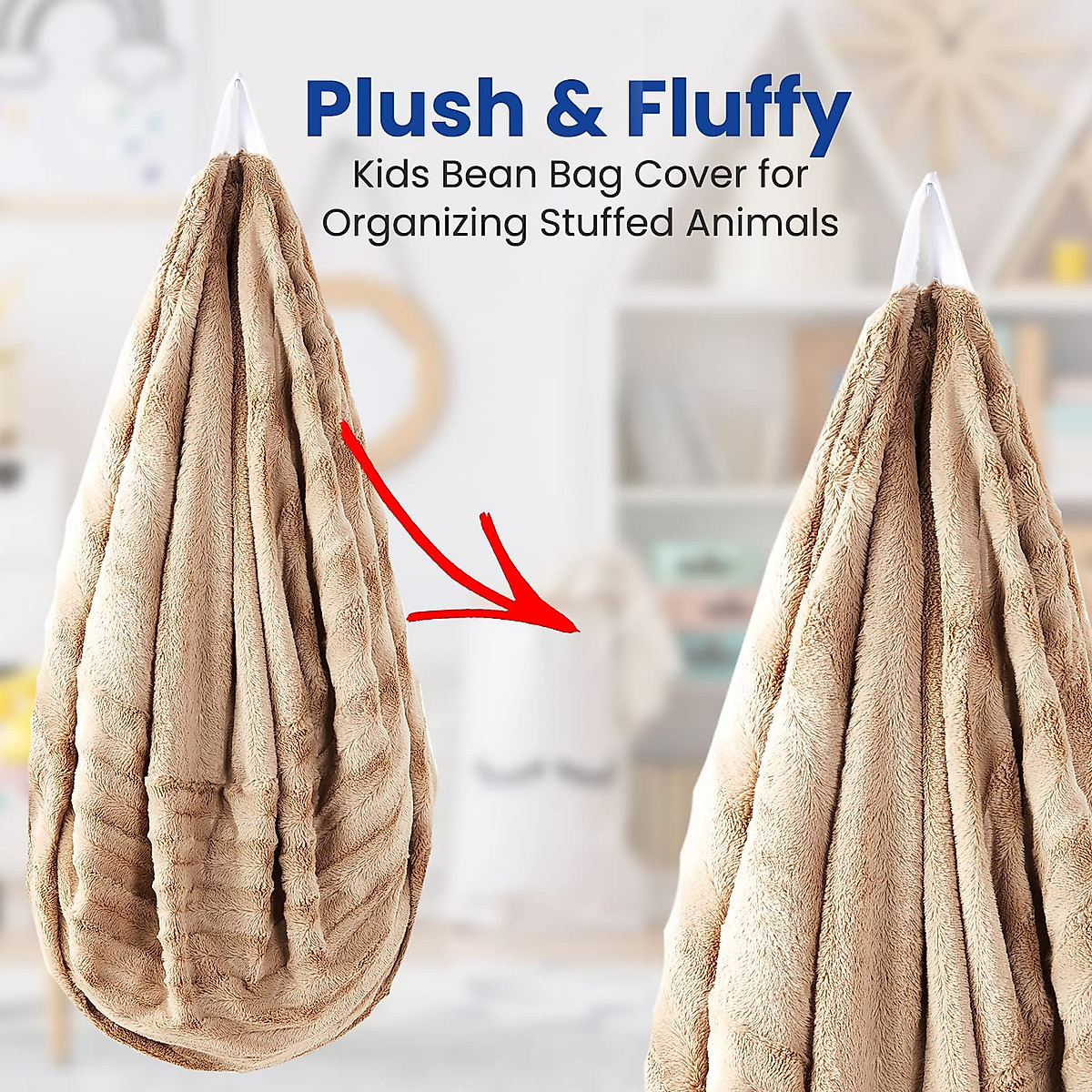 Cheer Collection Stuffed Animal Storage Bean Bag, Kids Toy Storage Organizer and Bean Bag Chair with Handle, Oversized Faux Fur Zippered Bag for Organizing Stuffed Animals, Machine Washable - Taupe