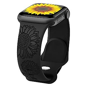 Flower Engraved Band Compatible with Apple Watch Bands 42mm 44mm 45mm 49mm for Women, Soft Sunflower Laser Silicone Wristbands Cute Sport Straps for iWatch Series 8/7/SE/6/5/4/3/2/1/Ultra