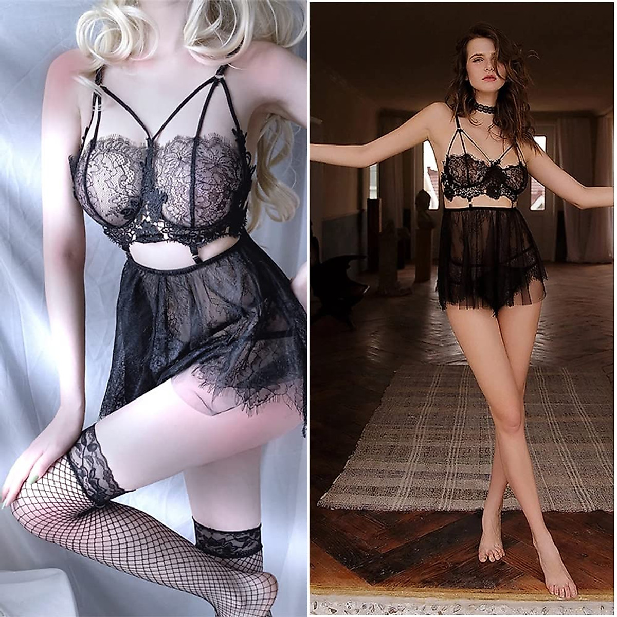 SPORCLO Plus Size Lingerie for Women Lace Black Babydoll Sexy Mesh High Waisted Nightdress Strappy Exotic Sleepwear (X-Large, Black)