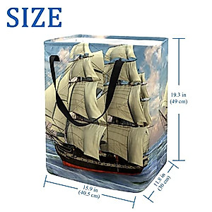 Sailing Shits in Ocean Print Collapsible Laundry Hamper, 60L Waterproof Laundry Baskets Washing Bin Clothes Toys Storage for Dorm Bathroom Bedroom