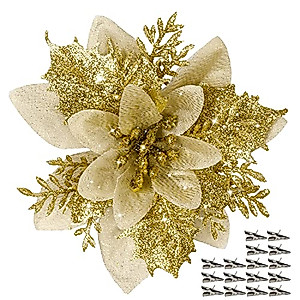 16 PCS Poinsettia Flower Artificial Poinsettia Christmas Decorations Glitter Poinsettias Christmas Ornaments Christmas Tree Flower Decorations with Clips DIY Xmas Wreath Holiday Weed Home Party Decor