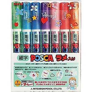 uni Posca Glitter Marker Pc-3ml 7C, Fine Point, 7 Colors Set