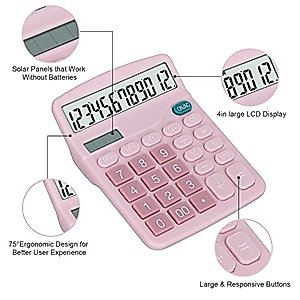 EooCoo Basic Standard Calculator 12 Digit Desktop Calculator with Large LCD Display and Sensitive Button for Office, School, Home & Business Use - Pink