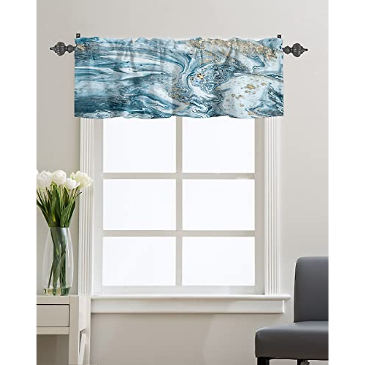 DoremiHome Marble Liquid Abstract Art Window Valance Rod Pocket Curtain Valance for Kitchen/Living Room,Blue White Gold Gradient Short Curtain Panels Window Treatment Decor Curtains 54x18in