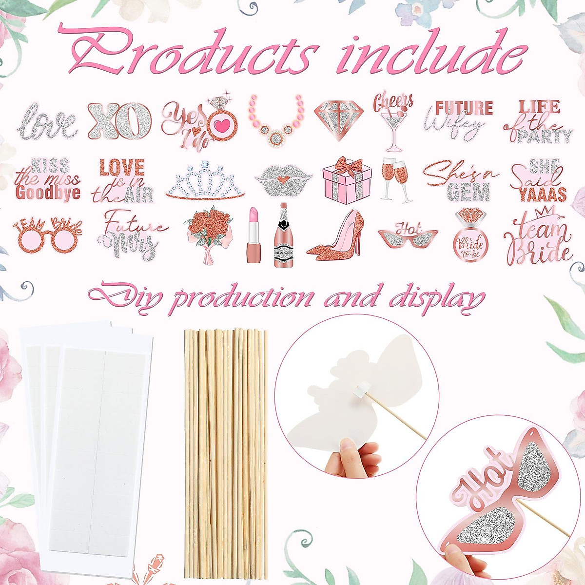 26 Pieces Bridal Shower Wedding Photo Booth Props Bachelorette Photo Props Rose Gold Pink Future Wife Party Decorations for Bridal Shower Out Hen Party Gift Accessories