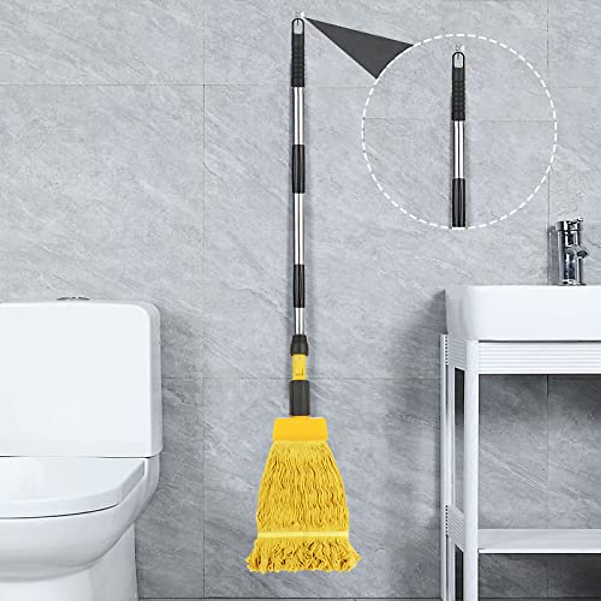 AKOLAFE Industrial Mop 3-Section Commercial Mop with 2Pcs Looped-End Mop Heads Floor Mop with Detachable Handle Clamp Cotton String Mops for Floor Cleaning Hardwood Marble Tile Laminate (Blue&Yellow)