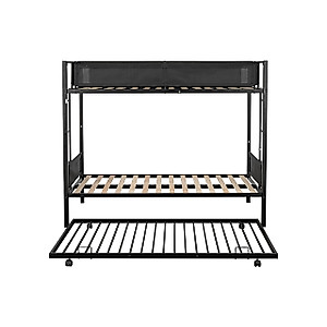 Harper & Bright Designs Metal Bunk Bed Twin Over Twin with Trundle, Heavy Duty Bunk Beds with Texteline Guardrails and Wood Slats, Twin Bunk Bed for Kids Boys Girls Dormitory Bedroom, Black