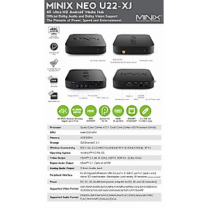 MINIX Android 9.0 Pie Media Hub 4K Ultra HD HDR10+4GB DDR4/32GB eMMC 4K @ 60Hz UHD 3 x USB 3.0 USB-C [Data only] GLAN AC Wi-Fi TF Card (NEO U22-XJ)