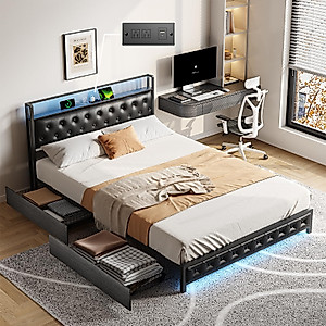 EvaStar Home Queen Bed Frame with 4 Storage Drawers, Charging Station and LED Lights, Upholstered Headboard with Storage Shelves, Heavy Duty Metal Slats, Noise Free, Easy Assembly, Black