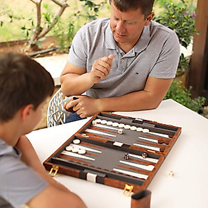 Backgammon Set - 15 Inch Classic Backgammon Board Game Sets Handheld - Backgammon Sets for Adults and Kids - Brown Faux Leather Case - Instruction