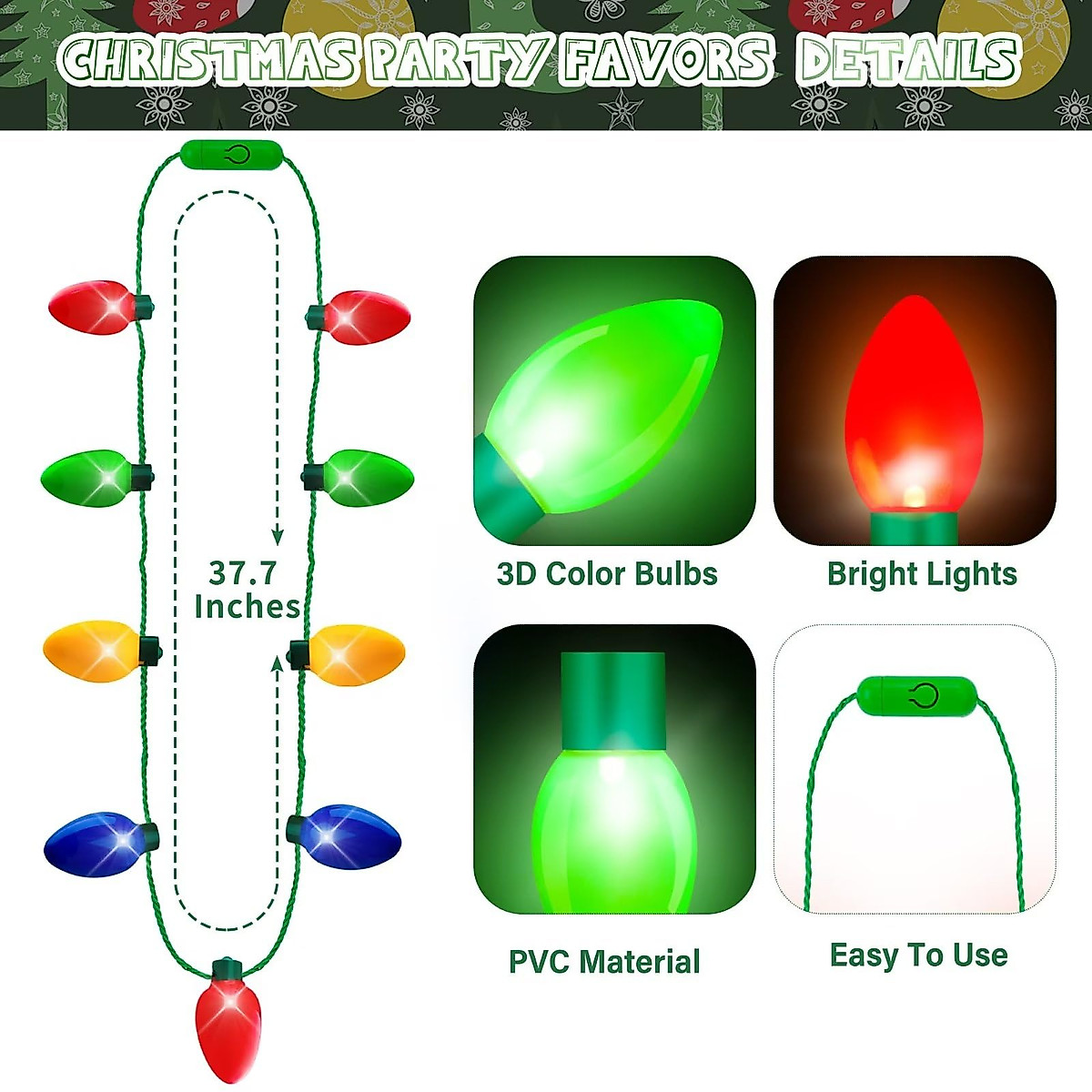EOBOH 3PCS Light up Christmas Necklace, Christmas Bulb Necklace Light Party Favors, Xmas Red Yellow Blue Green Glow Necklace, 3 Modes Light Necklace Accessories for Ugly Sweater New Year Bulk