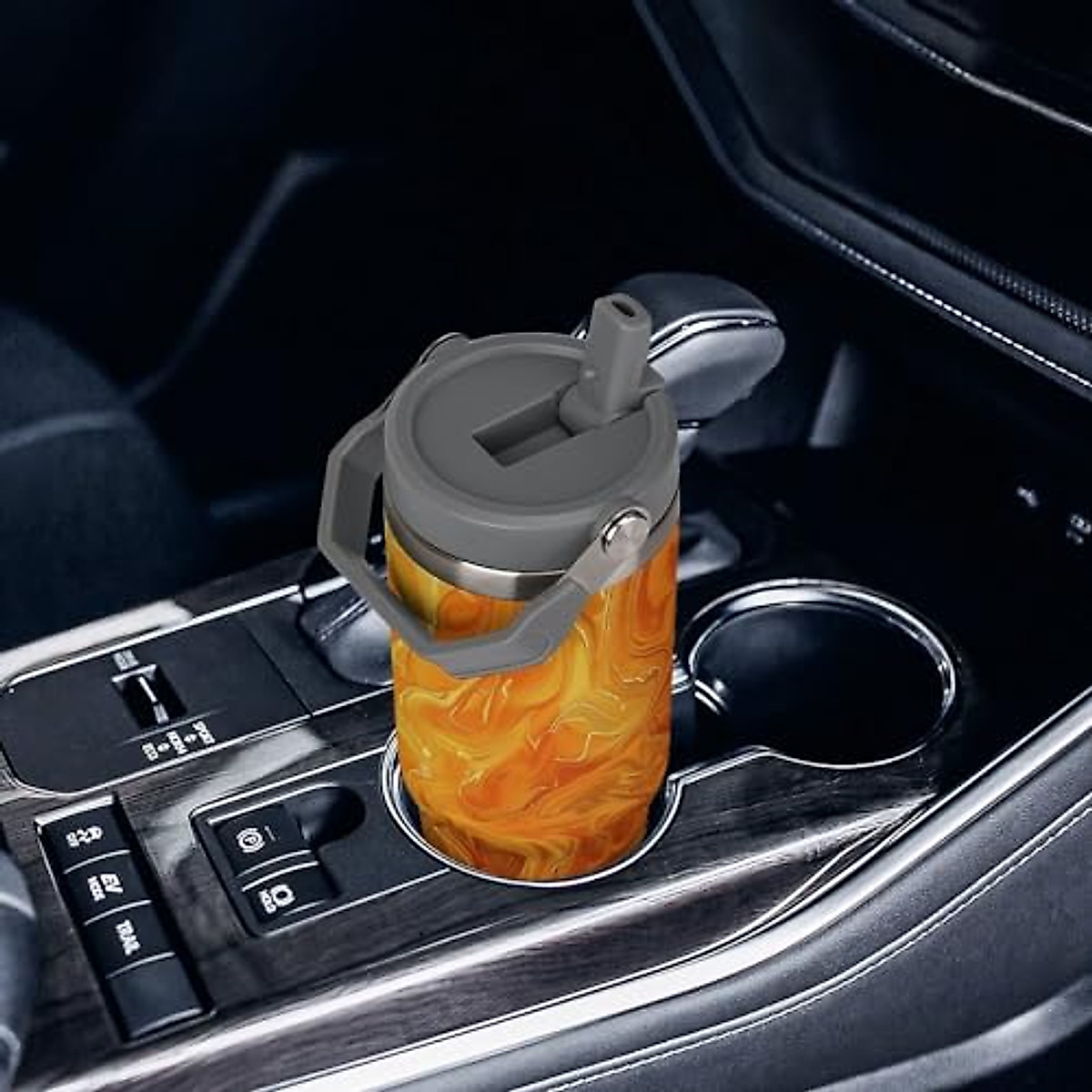 RTFGHJS Orange And Yellow Lava 30 Oz Tumbler with Handle And Flip Straw, Stainless Steel Vacuum Insulated Travel Mug, Thermal Cup for Coffee, Water, Iced Drinks, Fits Car Cup Holders (Home, Sports)