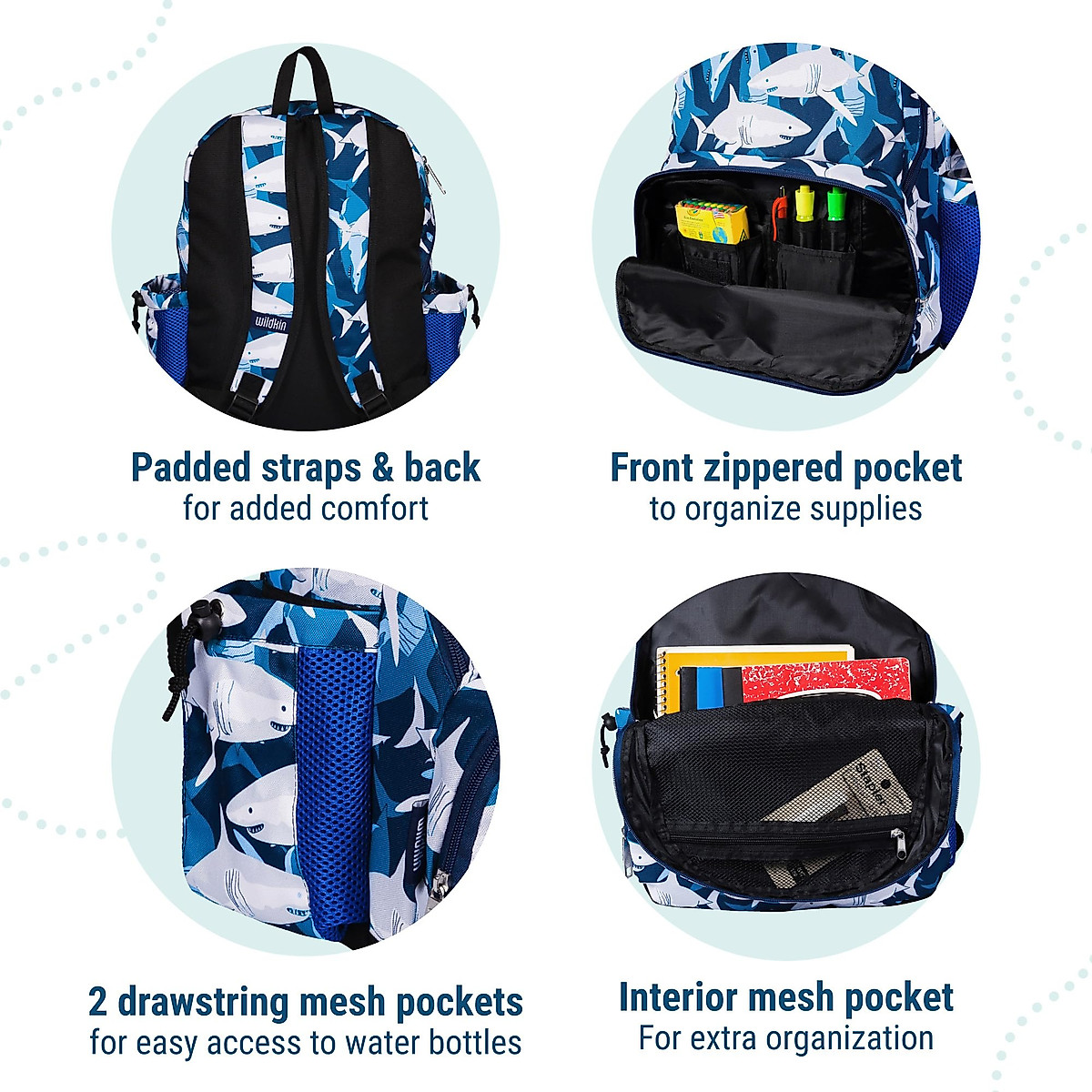 Wildkin 17 Inch Kids Backpack for Boys & Girls, Features Three Zippered Compartment with Interior & Side Pockets Backpacks, Perfect for School & Travel Backpack for Kids (Sharks)
