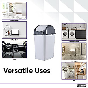 Superio 1.25 Gal Mini Plastic Trash Can with Swing Top Lid, Small Grey Waste Bin for Countertop, Desk, Vanity, Bathroom 5 Quart (WhiteSmoke/Grey)