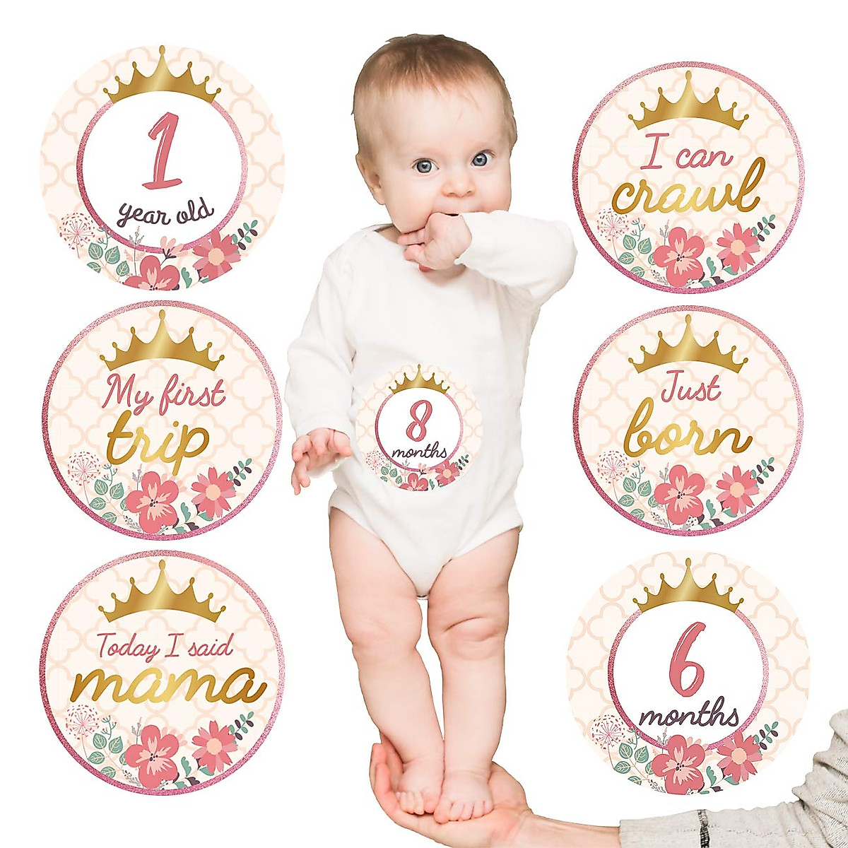Baby Monthly Milestone Stickers, (Set of 20) Baby Belly Stickers with Crown Rose Gold Flower, Best Baby Shower Registry Gift, Scrapbook Photo Keepsake or Baby Photo Sharing Milestone Sticker.