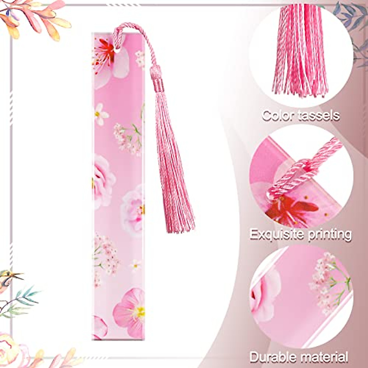 8 Pieces Flower Acrylic Bookmarks Book Page Holder Floral Bookmarks with Colorful Tassels Thumb Ring Page Holder Transparent Page Holders for Reading Students Teachers Book Lovers Women