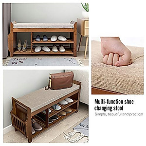 YUSING Bamboo Shoe Rack Bench with Removable Cushion, 2 Tier Entryway Shoe Storage Organizer Shelf with Hidden Drawer and Umbrella Stand for Bedroom, Living Room and Bathroom (Large)