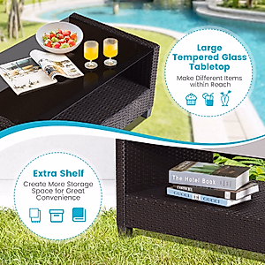 HAPPYGRILL 4 Pieces Patio Furniture Set Outdoor PE Rattan Conversation Set with 2-Tier Coffee Table, Extra Storage Shelf and Cushions, Patio PE Wicker Sofa Set for Garden Backyard Poolside