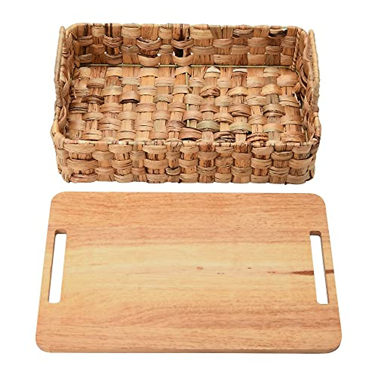 Household Essentials, Natural Stackable Hyacinth Baskets with Oak Lids, Set of 2