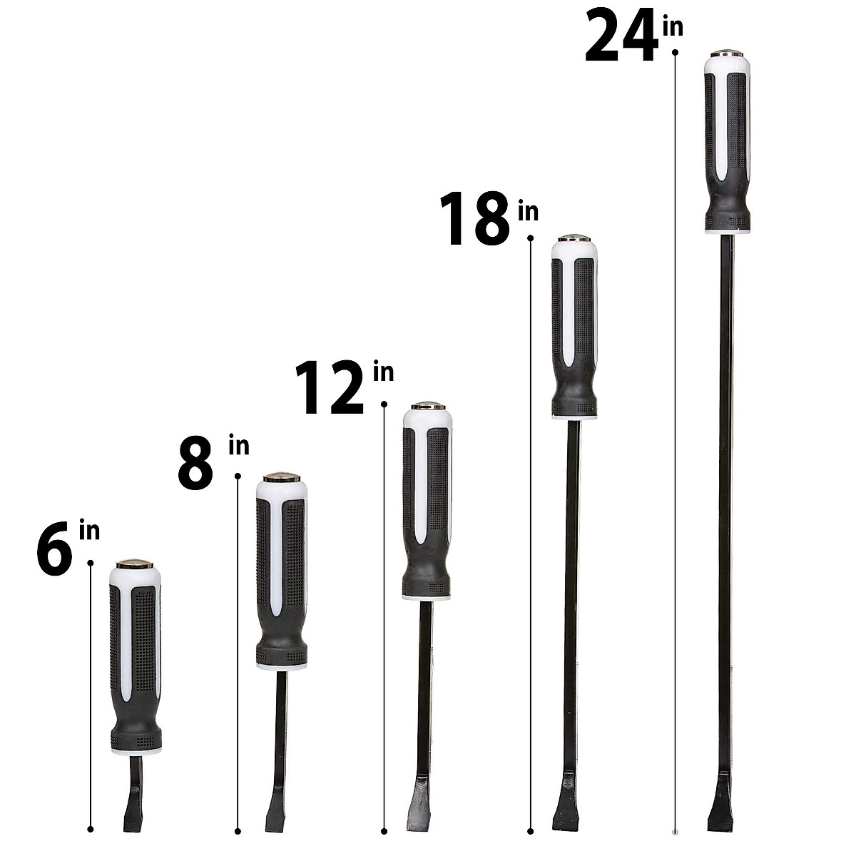 Heavy Duty Pry Bar Set (5 Bar Set - 6, 8, 12, 18, 24 Inch) Metal Striking Hammer Cap, Industrial Grade Forged Iron Steel with Angled Tip, Perfect For Prying, Demolition, Nail Puller, & Crowbar