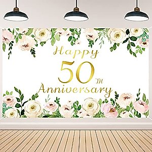 Vlipoeasn Elegant White 50th Wedding Anniversary Decorations Rose Gold Flower Peony 50th Anniversary Photography Backdrop for Couple Surprise for Parents Cheers to 50 Years Wedding Supplies