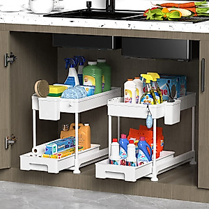 SPACELEAD Under Sink Organizers and Storage, Under Sliding Cabinet Basket Organizer, 2 Tier Under Sink Storage for Bathroom Kitchen with Hooks, Hanging Cup, The Bottom Can Be Pulled Out White
