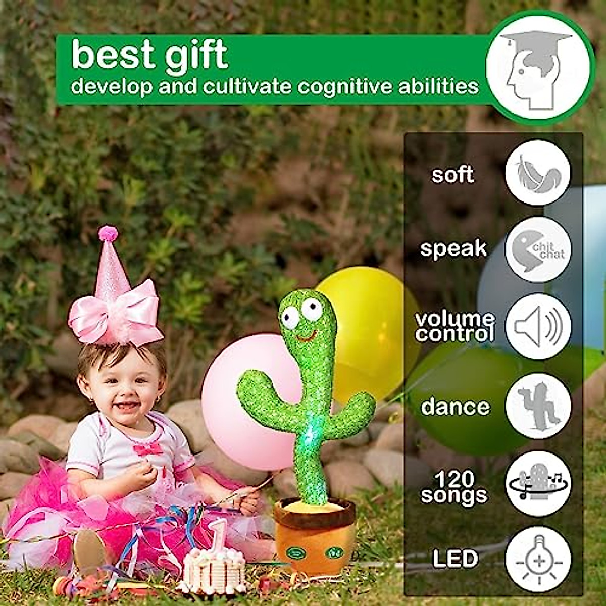 Pbooo Dancing Cactus Mimicking Toy,Talking Repeat Singing Sunny Cactus Toy 120 Pcs Songs for Baby 15S Record Your Sound Sing+Dancing+Recording+LED