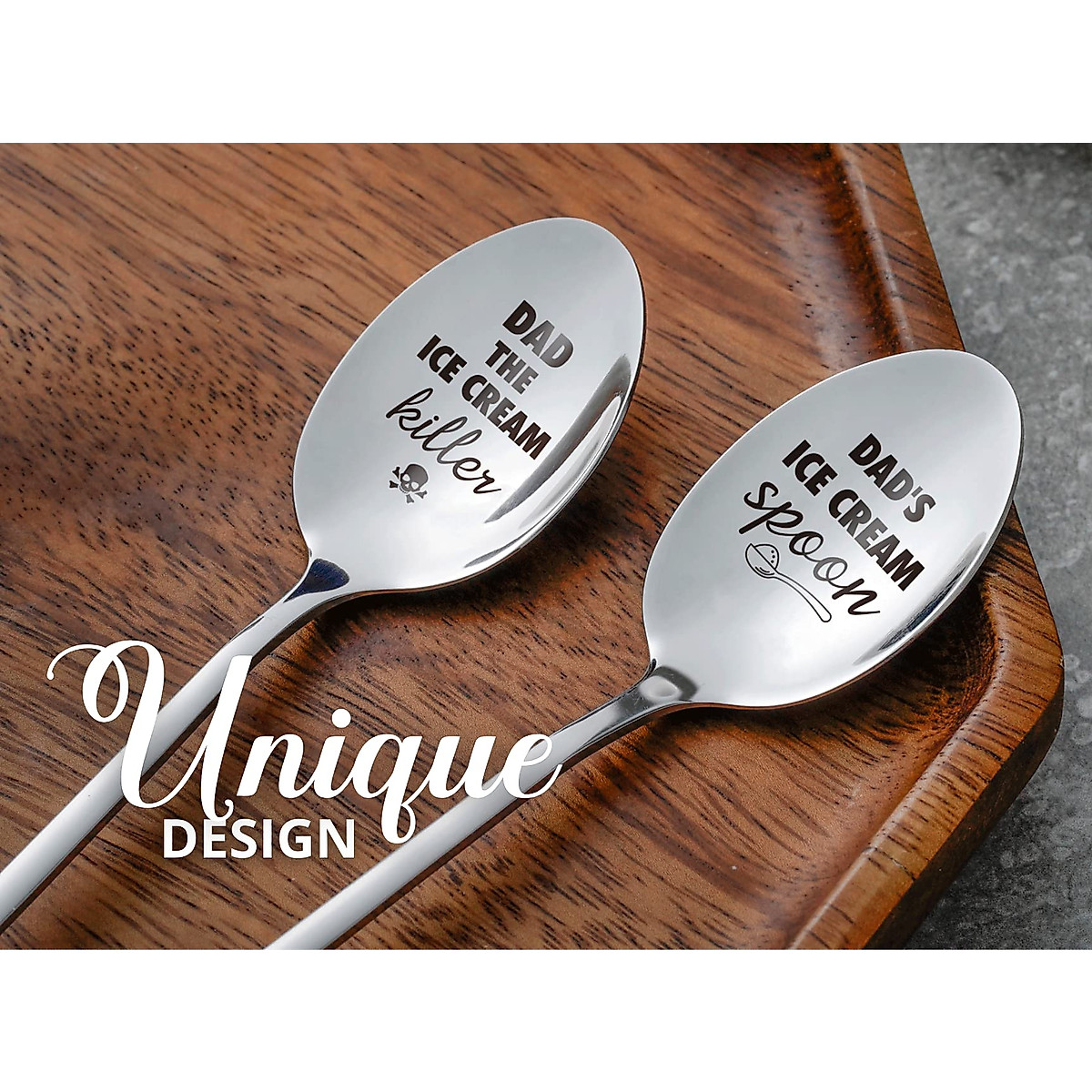 Dads Ice Cream Spoon, 2 Pcs Stainless Steel Coffee Spoons Set, Gifts for Dad on Birthday/Christmas/Thanksgiving, Gift Ready Package, DAD THE ICE CREAM KILLER
