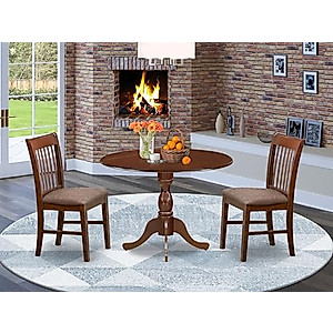 East West Furniture DMNF3-MAH-C 3 Piece Kitchen Table & Chairs Set Contains a Round Dining Table with Dropleaf and 2 Linen Fabric Dining Room Chairs, 42x42 Inch, Mahogany