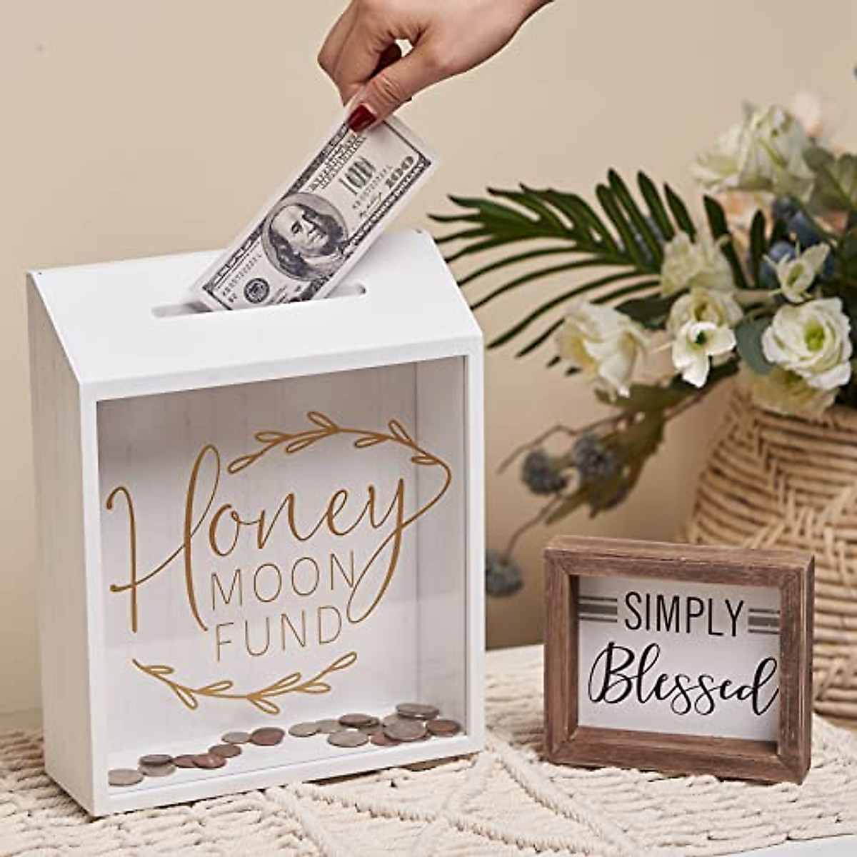 Defined Deco Honey Moon Fund Box Gift Card Box Wood Wedding Card Box Picture Box Shadow Box for Wedding Decor Wedding Decorations for Reception with Wood Sign SET OF 2 (11.5 x 9.25x 3.25IN)