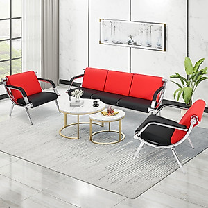Walmokid Waiting Room Chairs with Armrest, PU Leather Office Furniture, Lobby Conference Reception Chairs, Office Guest Seating for Clinic,Airport,Hospital,Barber,Salon,Bank(Red&Black, 2)