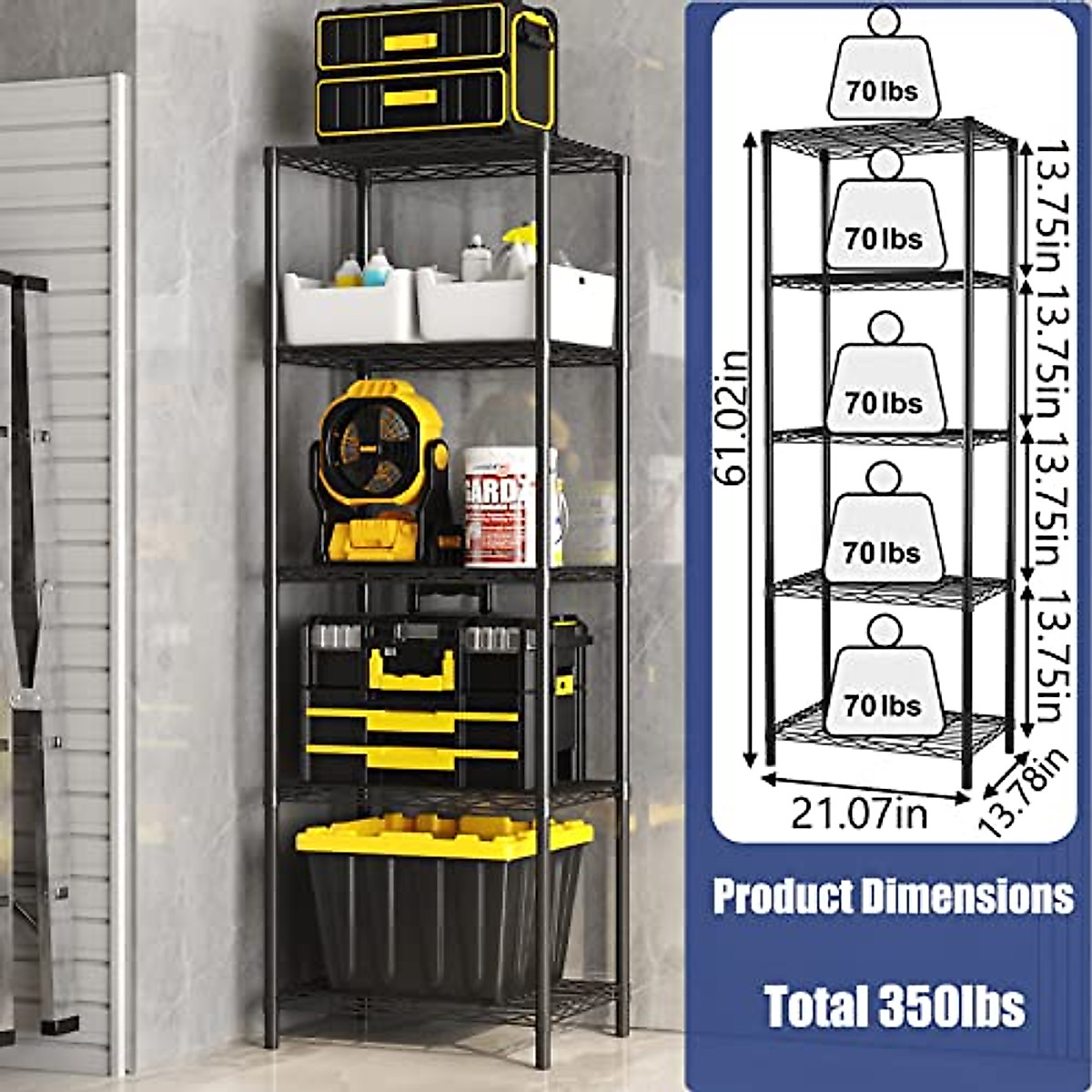 JEROAL 5-Tier Wire Shelving Unit, Multipurpose Standing Storage Shelves Metal Display Rack for Pantry Laundry Bathroom Kitchen Garage Closet Organization,350LbS Capacity,13.8" D×21" W×61" H,Black
