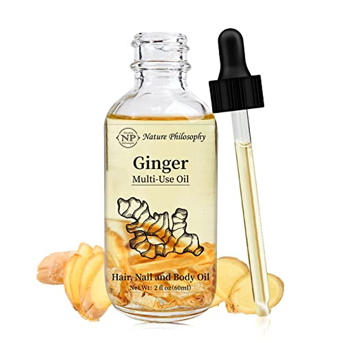 NP NATURES PHILOSOPHY Ginger Multi-Use Oil for Face, Body and Hair - Organic Plant Fragrant Essential Oil for Dry Skin, Scalp and Nails - 2 Fl Oz