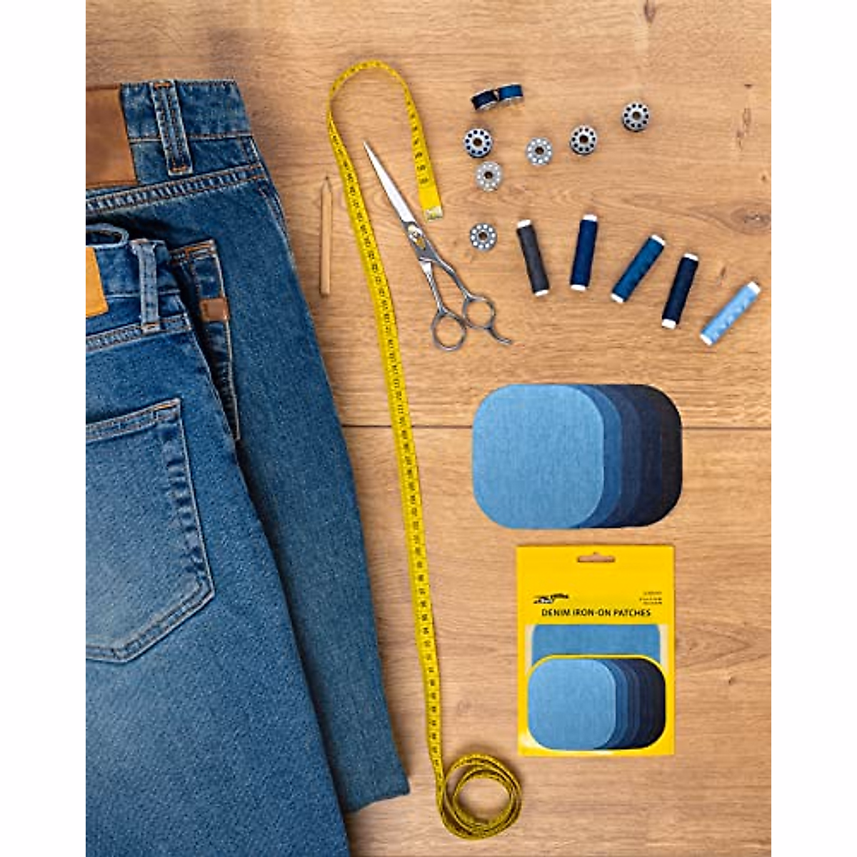 ZEFFFKA Premium Quality Denim Iron-on Jean Patches Inside & Outside Strongest Glue 100% Cotton Assorted Shades of Blue Black Repair Decorating Kit 10 Pieces Size 4-1/4" by 3-3/4" (9.8 cm x 10.8 cm)