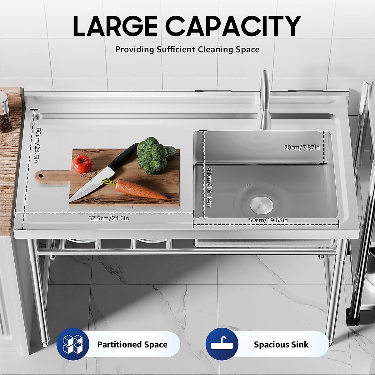 Stainless Steel Utility Sink, Single Bowl Free Standing Kitchen Sink with Faucet & Workbench, Topmount Kitchen Sink for Farmhouse, Bathroom, Bar, Laundry Room (47.24 * 23.62 * 31.5inch)