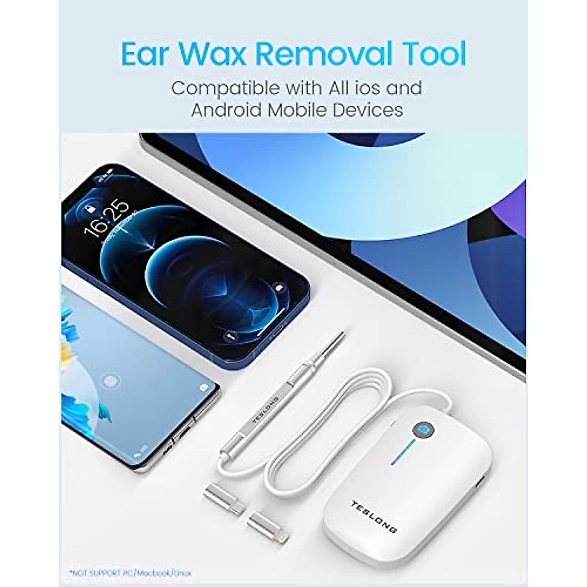 Teslong Otoscope Set with Disposable Covers, Ear Pick, 4.3mm HD Inspection Camera, 6 Adjustable LED Lights with Ear Wax Removal Tools, Works with iPhone, iPad & Android