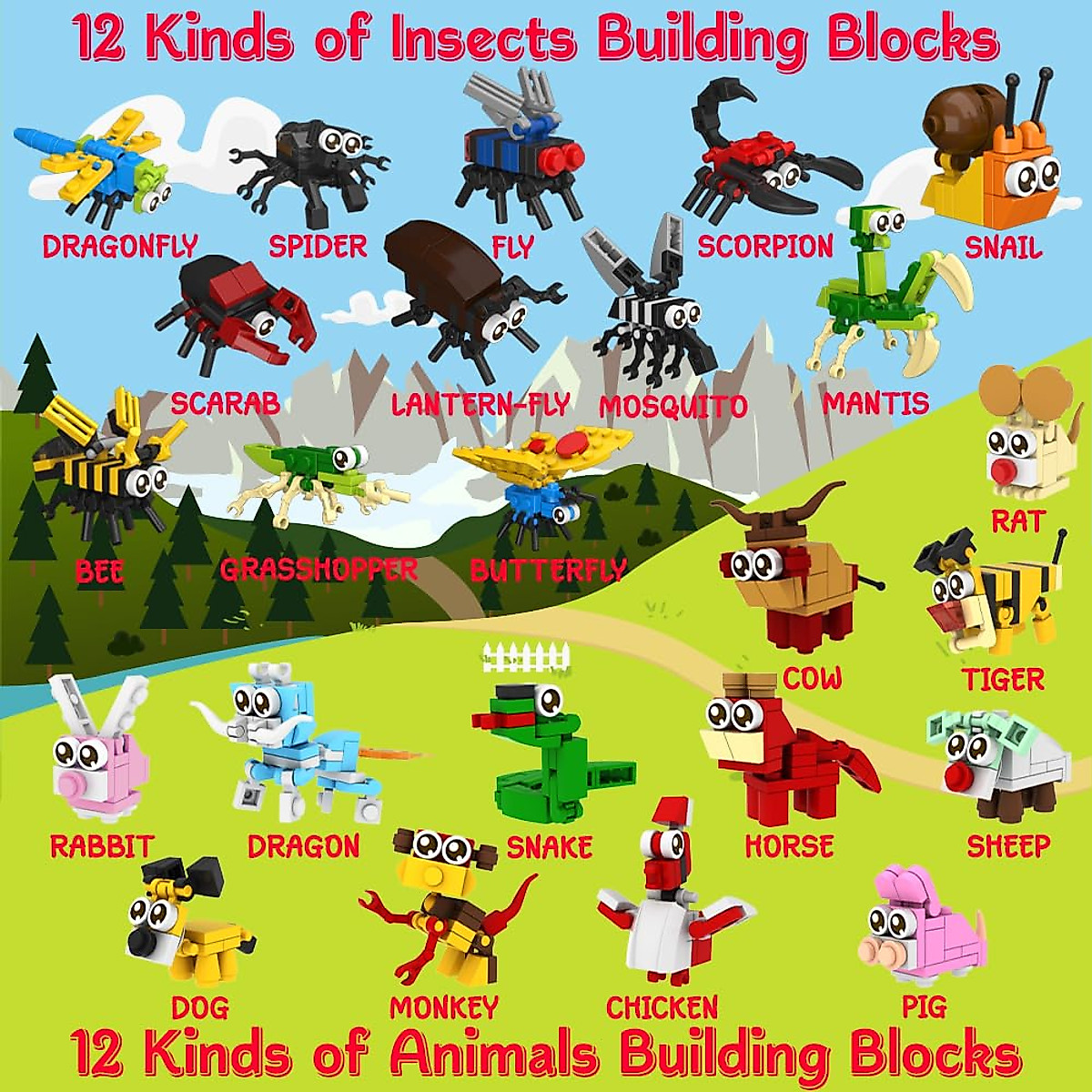 Valentines Day Cards for Kids Classroom, 24 Packs Animals and Insects Building Blocks with Valentines Day Cards for Kids Valentines Gifts Exchange, Valentine Party Favor, Classroom Exchange Prize